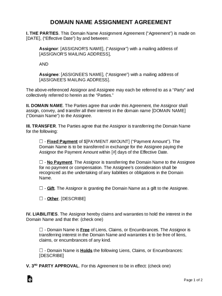 Domain Name Assignment: Definition & Sample Doc Template | pdfFiller