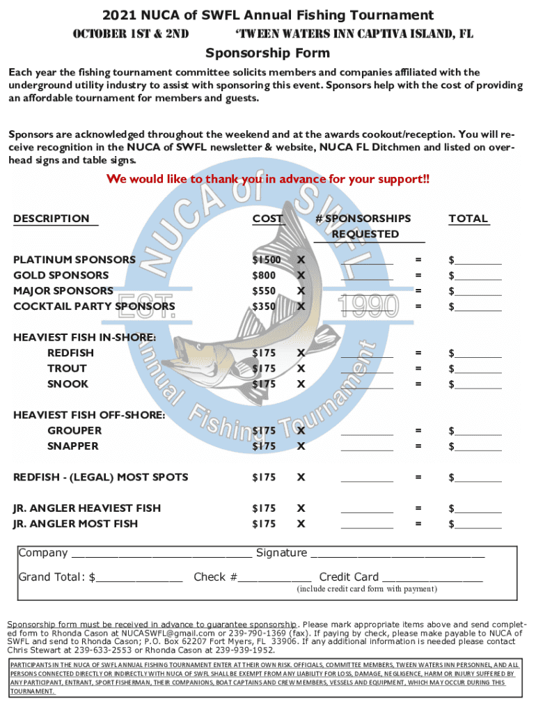 Fillable Online 2021 NUCA of SWFL Annual Fishing Tournament ...