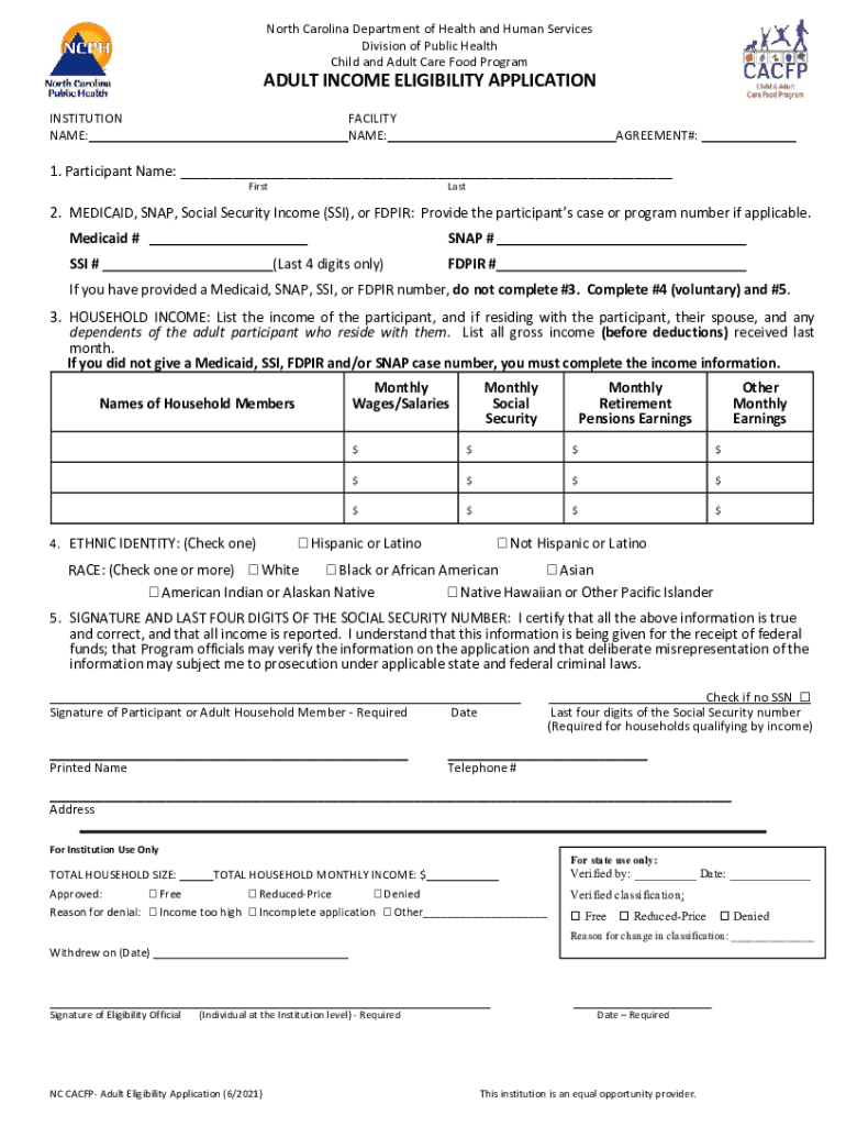 Fillable Online CACFP INCOME ELIGIBILITY APPLICATION - nutritionnc.com ...