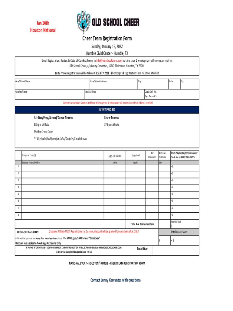 Fillable Online Jan 16th Houston National Cheer Team Registration Form ...