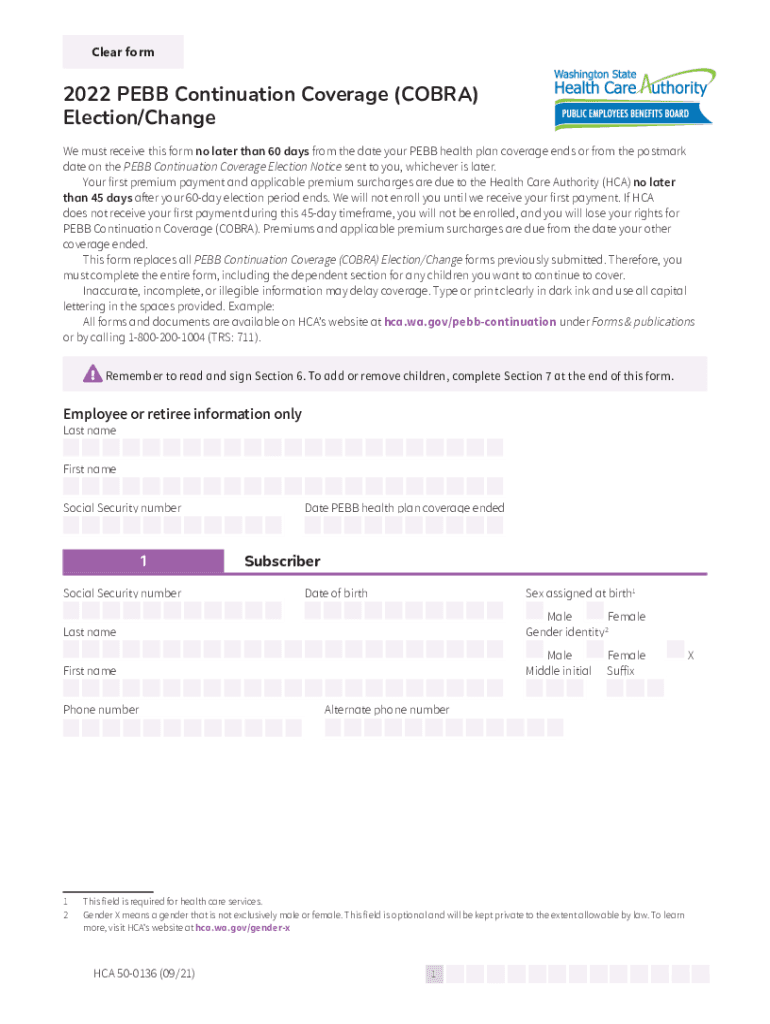 Fillable Online PEBB Continuation Coverage Cobra Election/Change form ...