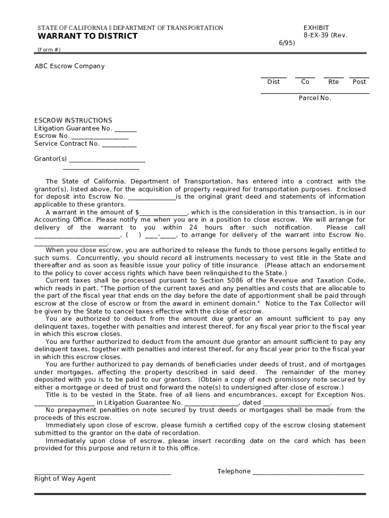 Dot ca gov mediaESCROW INSTRUCTIONS SAMPLE California Department Of