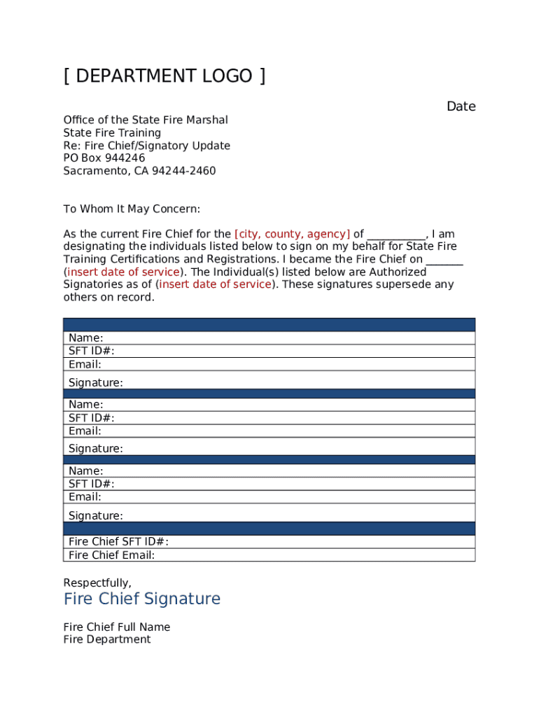 Fire Chief Authorized Signatory Letter Example - osfm fire ca Doc ...