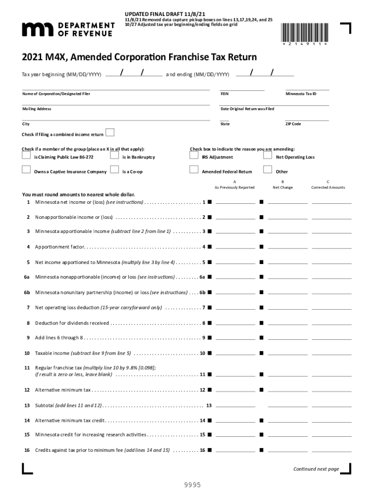 Fillable Online 2021 M4X, Amended Franchise Tax Return/Claim for Refund ...