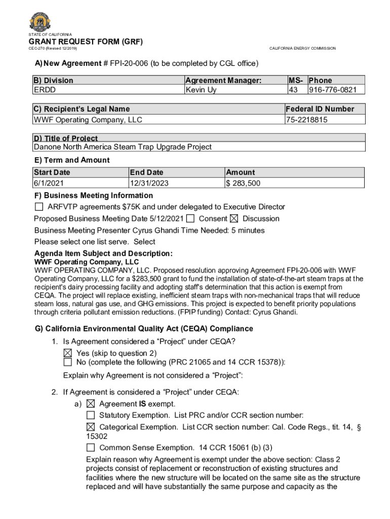 Fillable Online GRANT REQUEST FORM (GRF) A) New Agreement # FPI-20-006 ... Fax Email Print ...