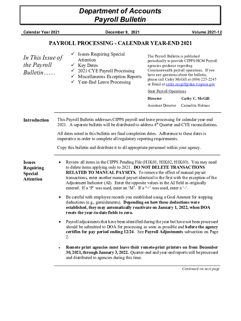 Fillable Online www.doa.virginia.gov reference payrollPayroll Bulletins ...