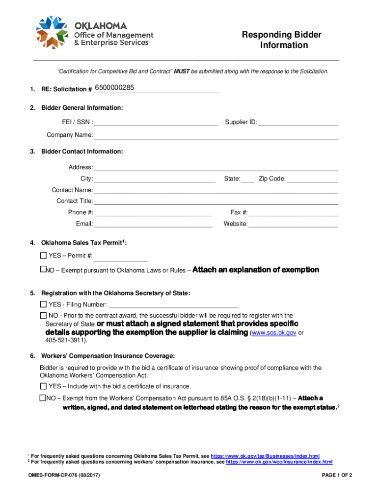 Fillable Online sde.ok.govsitesdefaultResponding Bidder Information ...