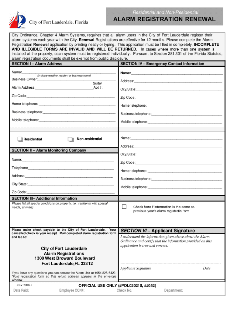 Fillable Online Alarm Registration Renewal Form - City of Fort ...