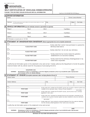 Fillable Online A B D C C E H SELF-CERTIFICATION OF VEHICLE(S) OWNED ...