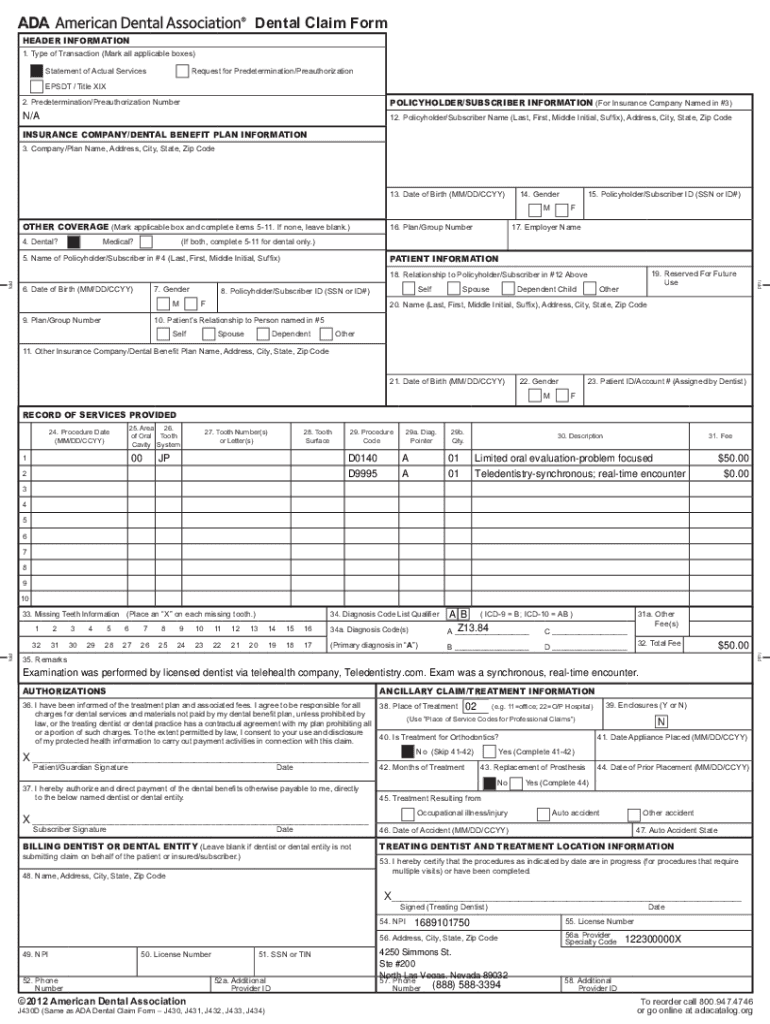Fillable Online victims.ca.gov wp-content uploadsADA Dental Claim Form ...