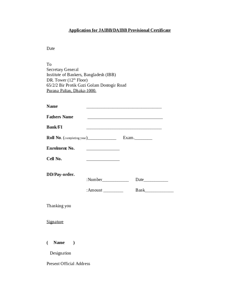 Application for JAIBB/DAIBB Provisional Certificate - The ... Doc Template | pdfFiller