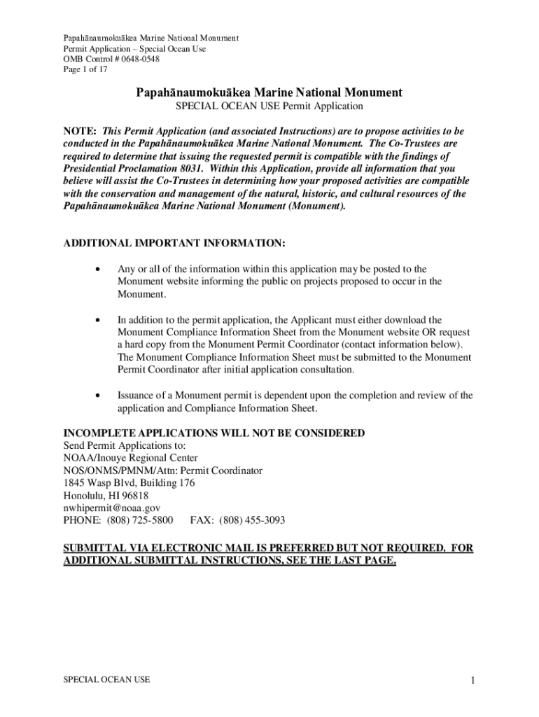 Fillable Online Special ocean use permit application - OMB 0648-0548 ...