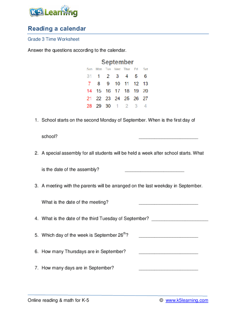 Fillable Online Reading a Calendar - Grade 3 Time Worksheet. Grade ...