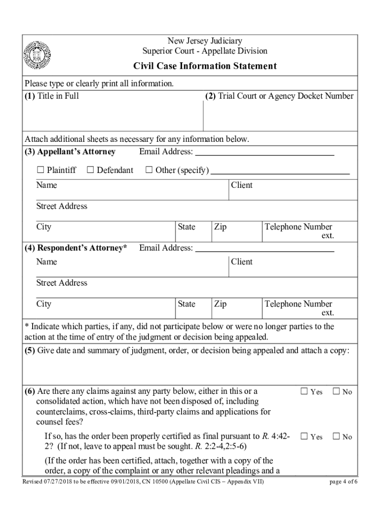 Fillable Online www.njcourts.govforms10517Civil Case Information ...