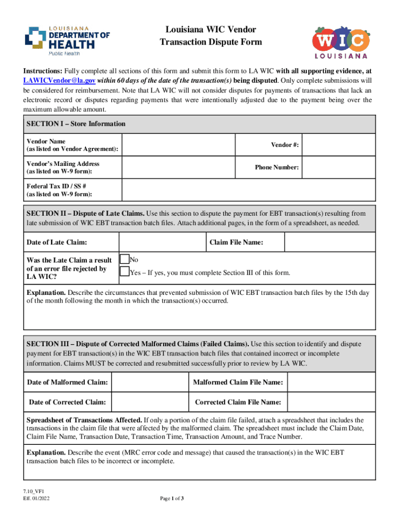 Fillable Online Louisiana WIC Vendor Transaction Dispute Form Fax Email ...