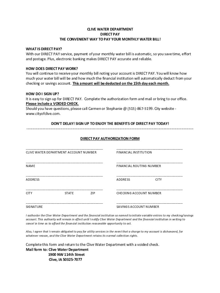 Fillable Online cms9files.revize.comcliveiahow do iCLIVE WATER DEPARTMENT DIRECT PAY THE ...