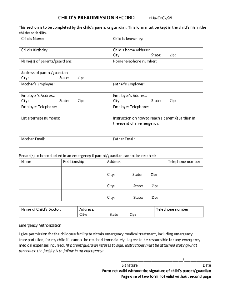 Fillable Online H Childs Preadmission Record DHR-CDC-739 Revised - Fill ...