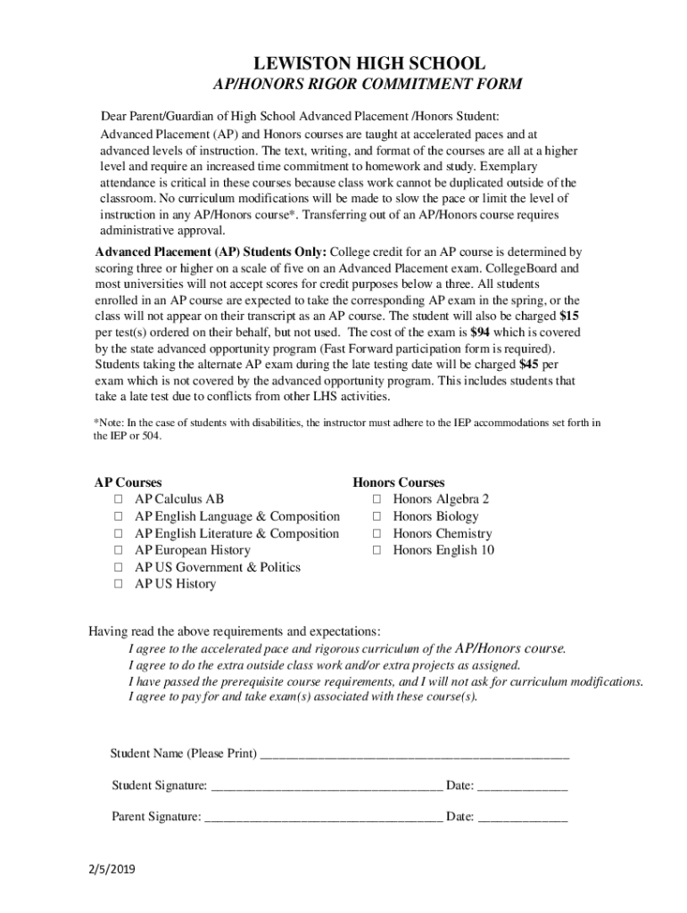 Fillable Online Fillable Online AP/Honors Rigor Commitment Form ...