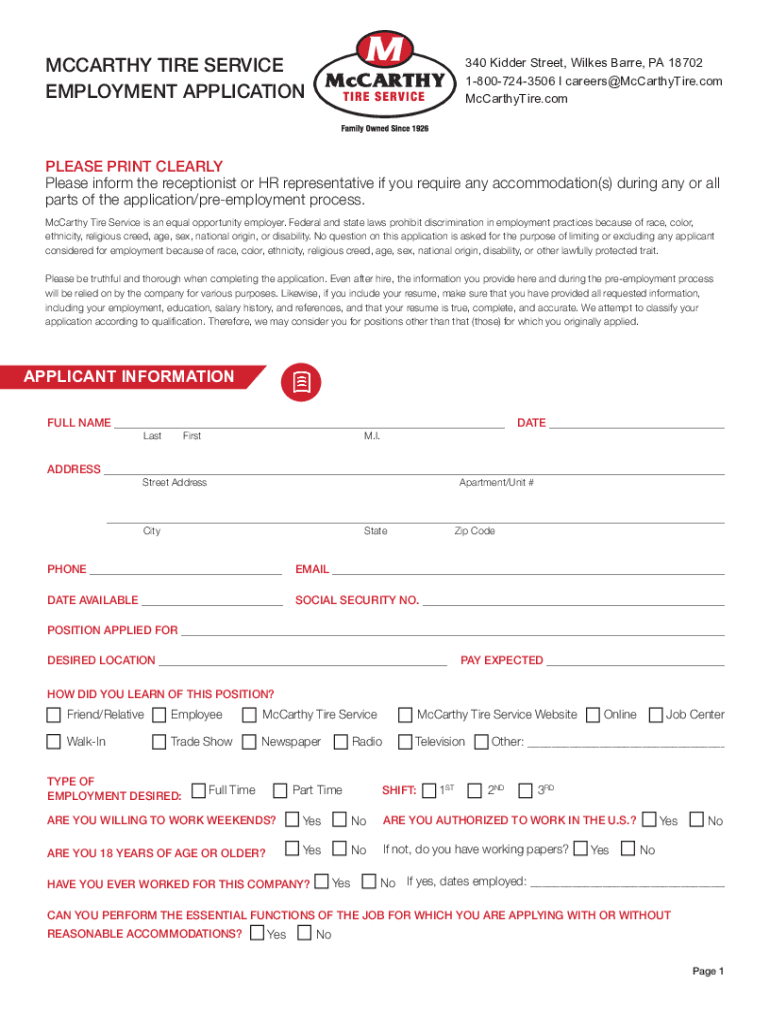 Fillable Online Fillable Online MCCARTHY TIRE SERVICE EMPLOYMENT ...