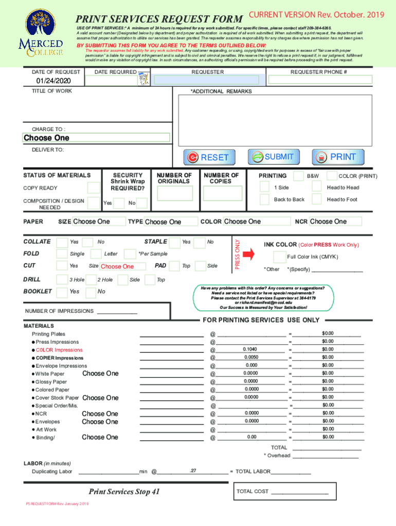 Fillable Online PRINT SERVICES REQUEST FORM CURRENT VERSION Rev ...