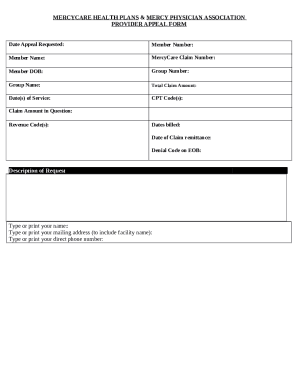 MERCYCARE PROVIDER APPEAL Doc Template | pdfFiller