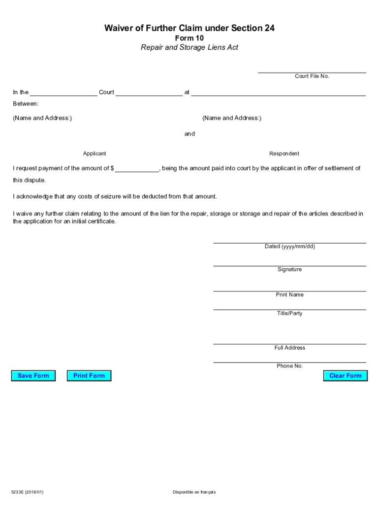 Fillable Online Waiver of Further Claim under Section 24,Form 10,Repair ...