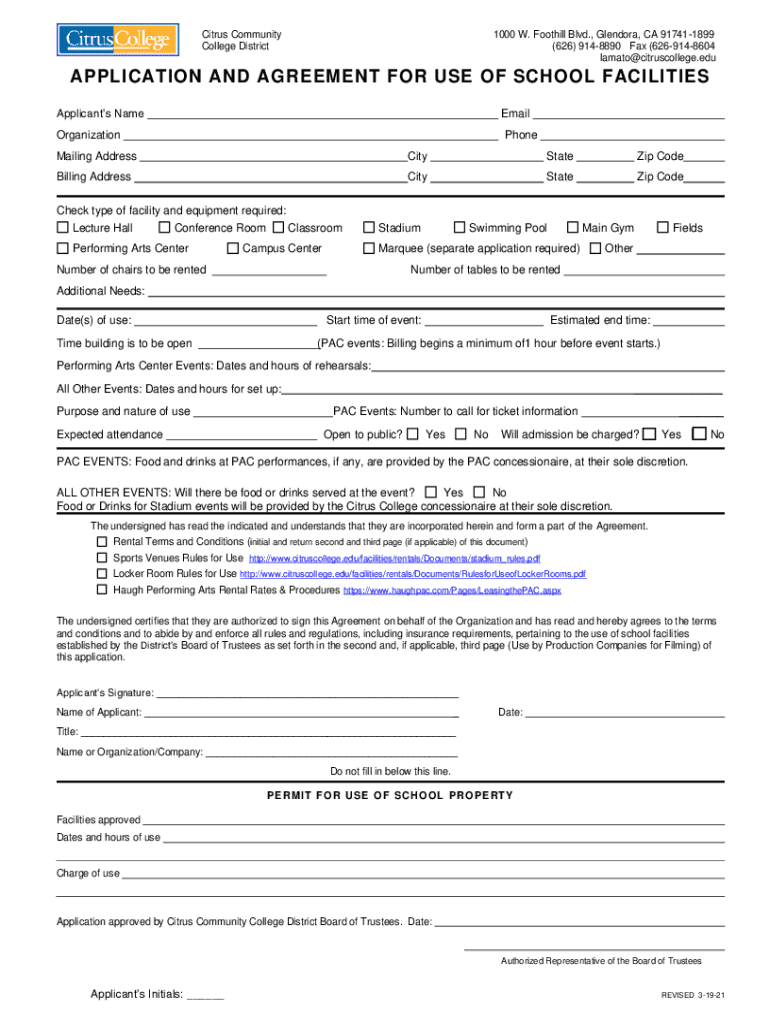 Fillable Online Citrus College APPLICATION AND AGREEMENT FOR USE OF ...