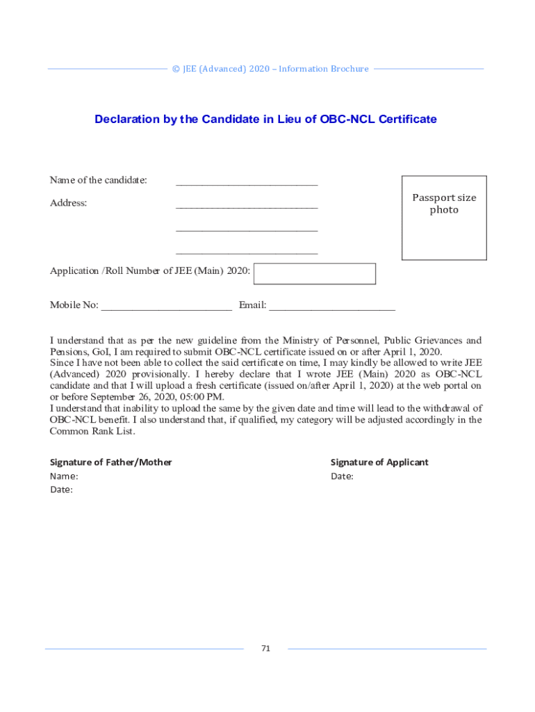 Fillable Online In the Declaration by the candidate in lieu of obc-ncl ...