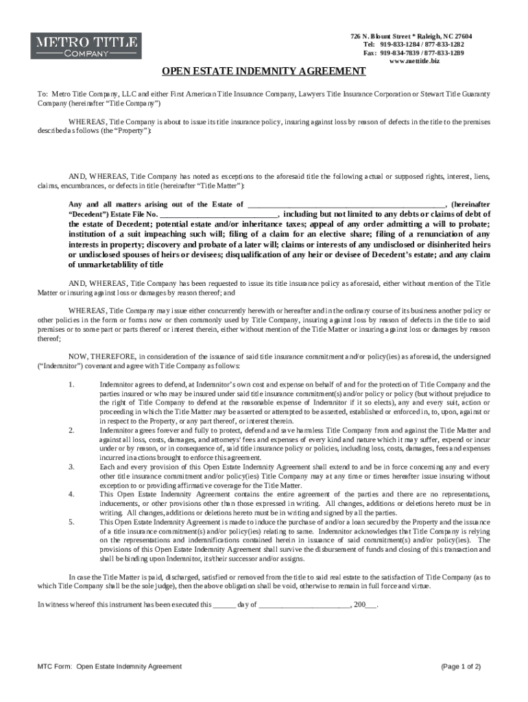 PERSONAL UNDERTAKING & INDEMNITY AGMT-UNIVERSAL-DocPrep Fill-In. Indemnity Doc Template | pdfFiller