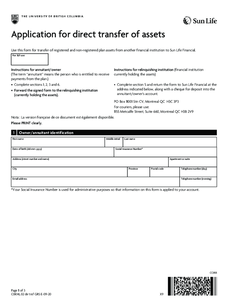 Fillable Online Application for direct transfer of assets Fax Email ...