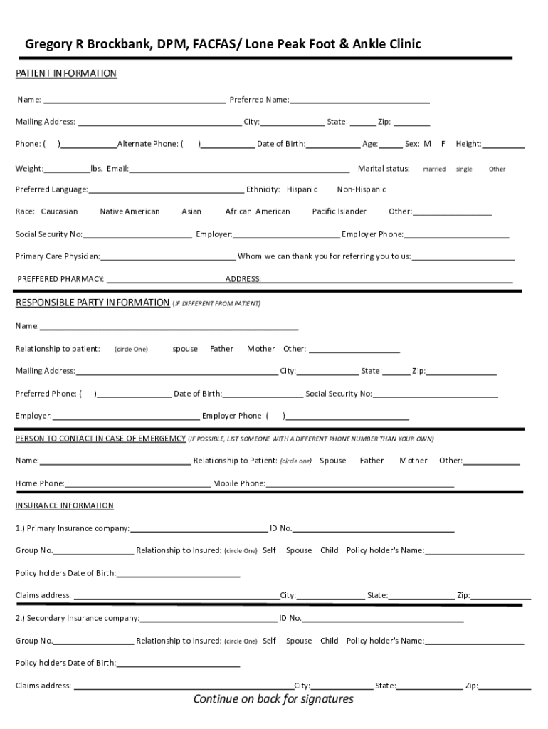 Fillable Online DR BROCKBANK PATIENT DEMOGRAPHICS Fax Email Print - pdfFiller