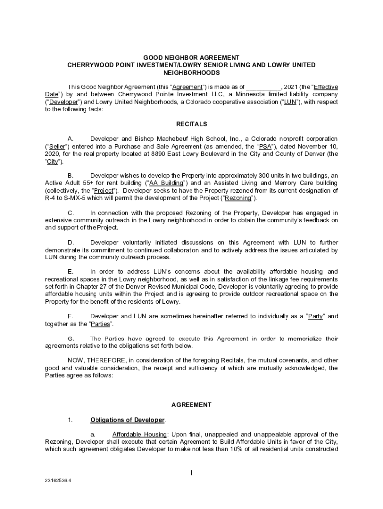 Fillable Online GOOD NEIGHBOR AGREEMENT CHERRYWOOD POINT INVESTMENT ...