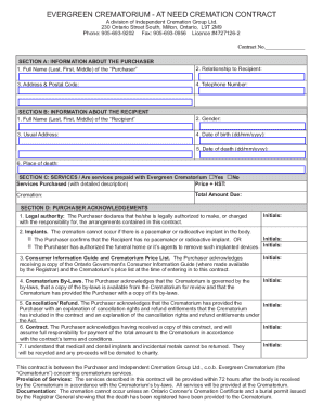 Fillable Online AT NEED CREMATION CONTRACT - Evergreen Crematorium Fax ...