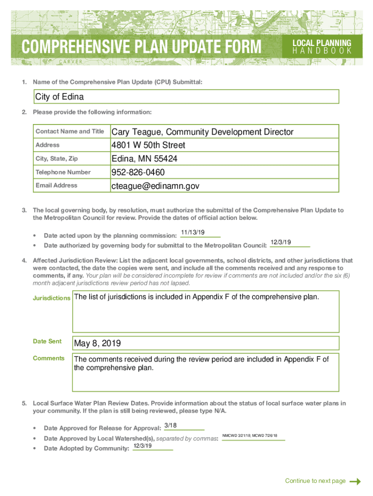 Fillable Online COMPREHENSIVE PLAN UPDATE FORM Fax Email Print - pdfFiller