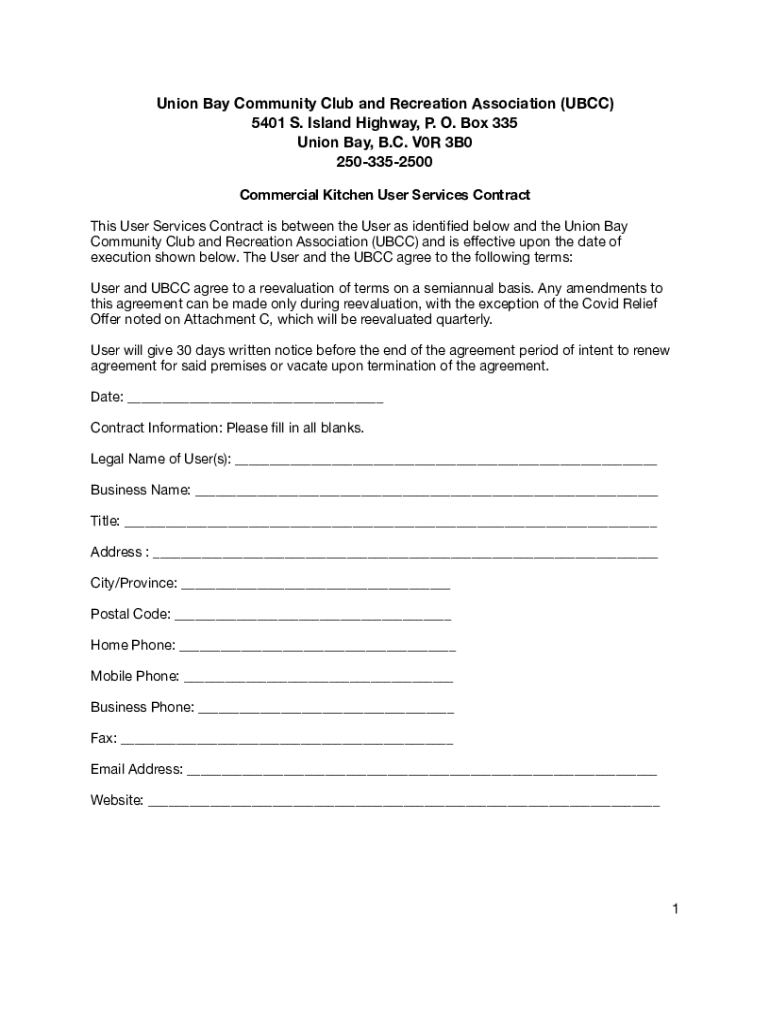 Fillable Online UBCC Commercial Kitchen Rental Agreement (01 Fax Email ...