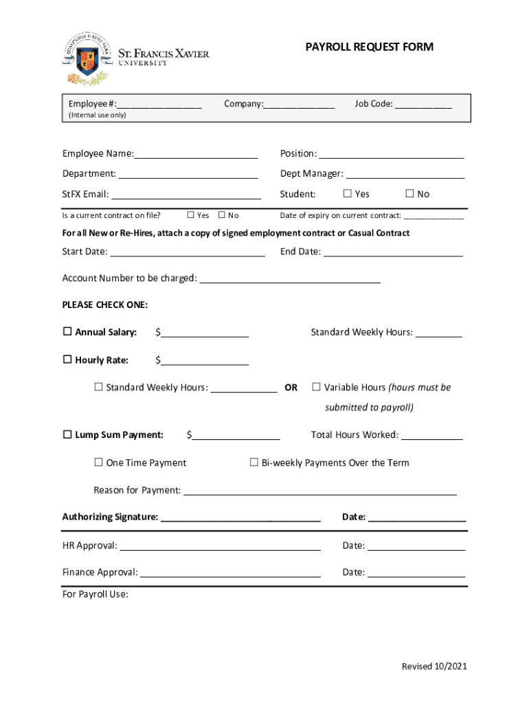 Fillable Online St. Francis Xavier University Payroll Request Form ...
