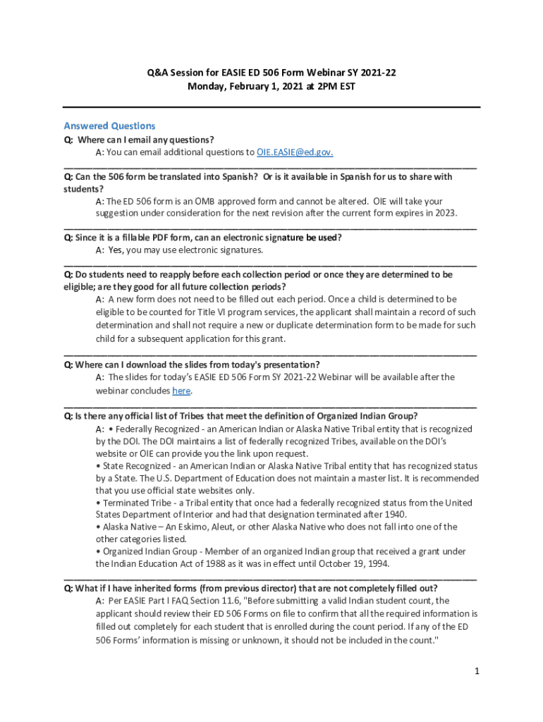 Fillable Online EASIE ED 506 Form SY 2021-22 Webinar QA Log Fax Email ...