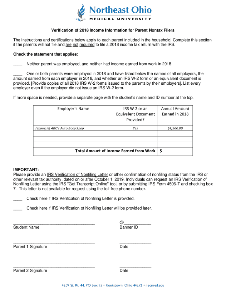 Fillable Online PDF Verification of 2018 Income Information for Parent ...