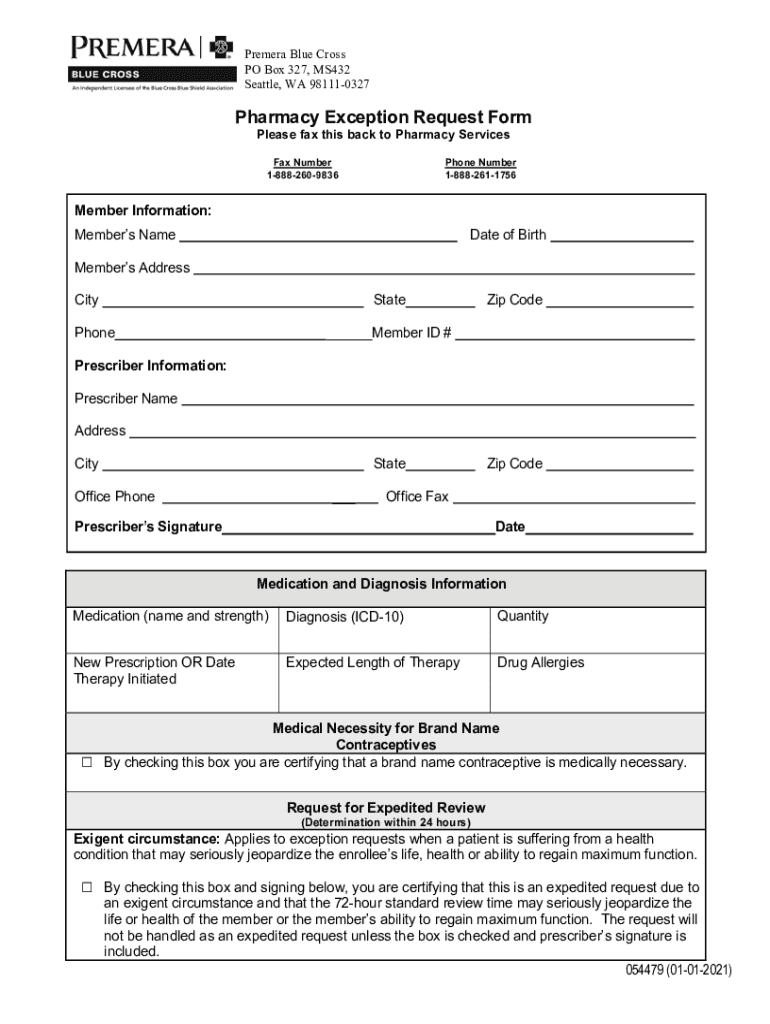 Fillable Online Pharmacy Exception Request Form - Premera Blue Cross ...