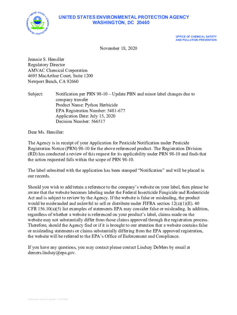 Fillable Online US EPA, Pesticide Product Label, PYTHON HERBICIDE,11/18 ...