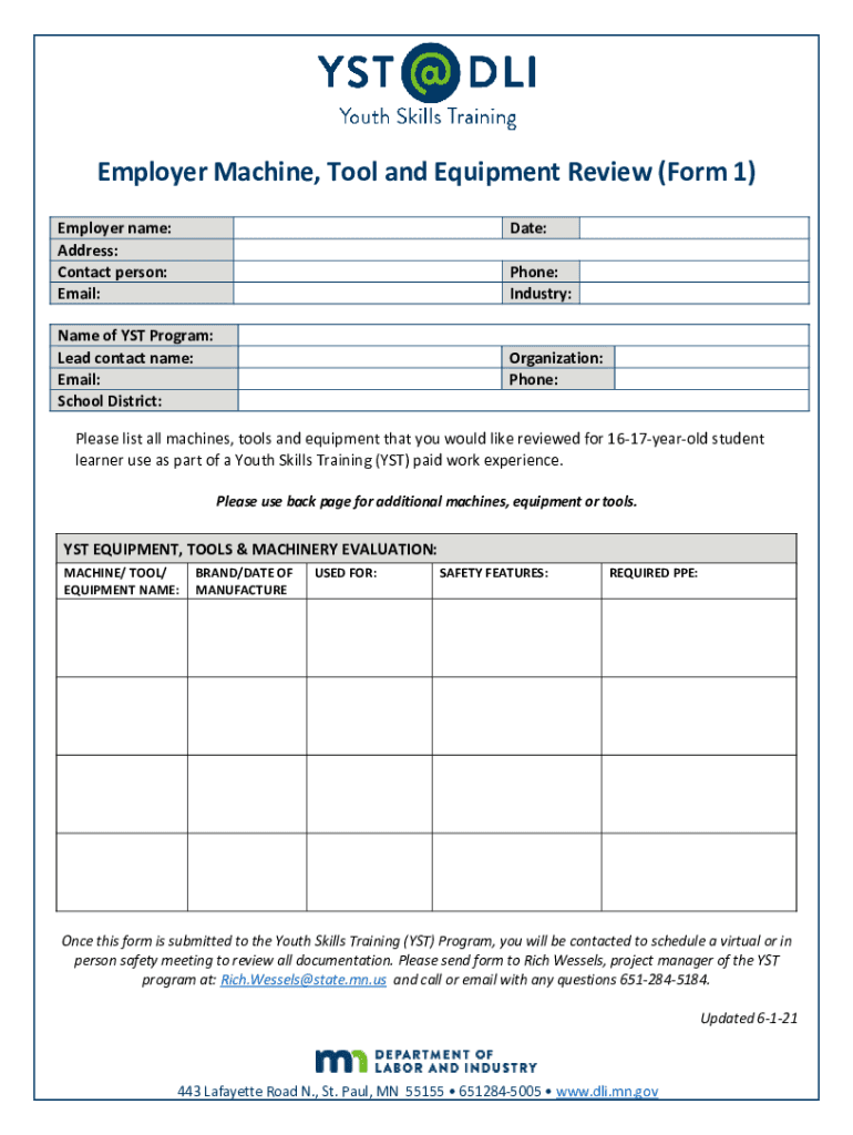Fillable Online Employer Machine, Tool and Equipment Review (Form 1 ...