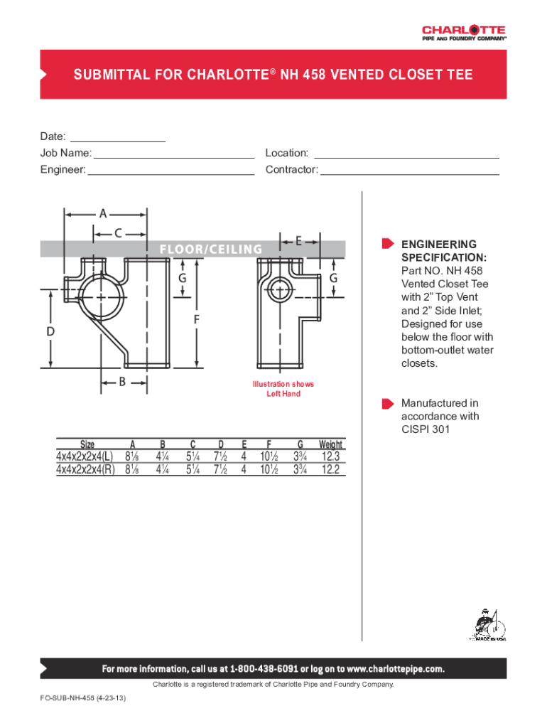 Fillable Online SUBMITTAL FOR CHARLOTTE SERVICE CAST IRON SOIL PIPE AND ... Fax Email Print ...