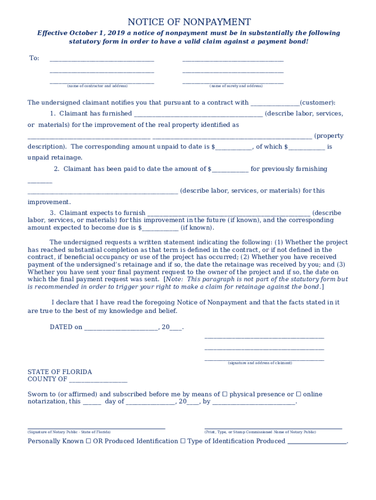 Florida Notice of Non-Payment Statutory . Florida Notice of Non-Payment ...