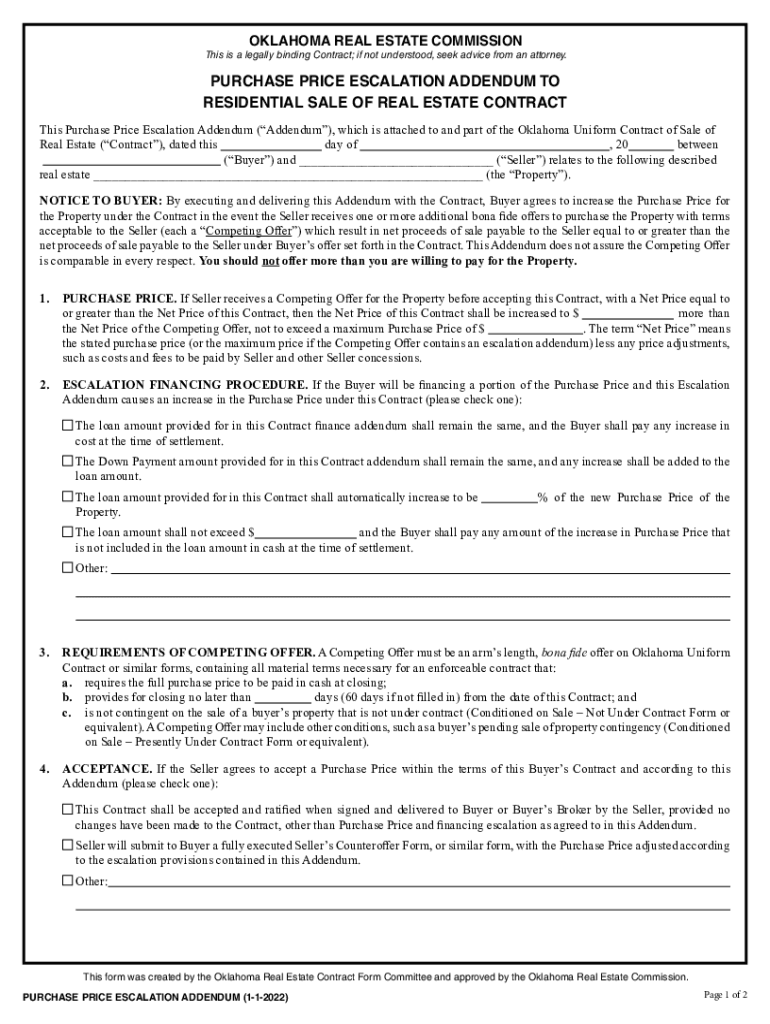 Fillable Online purchase price escalation addendum to residential sale ...