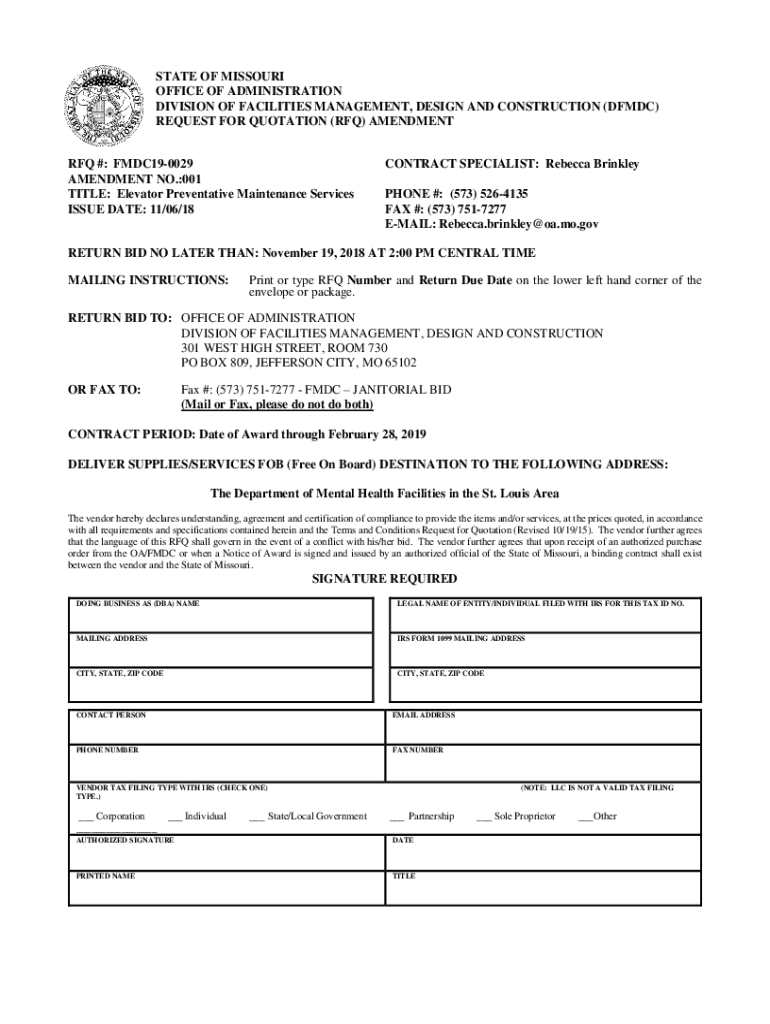 Fillable Online FMDC19-0029 -001 ELEVATOR PREVENTATIVE MAINTENANCE ... Fax Email Print - pdfFiller