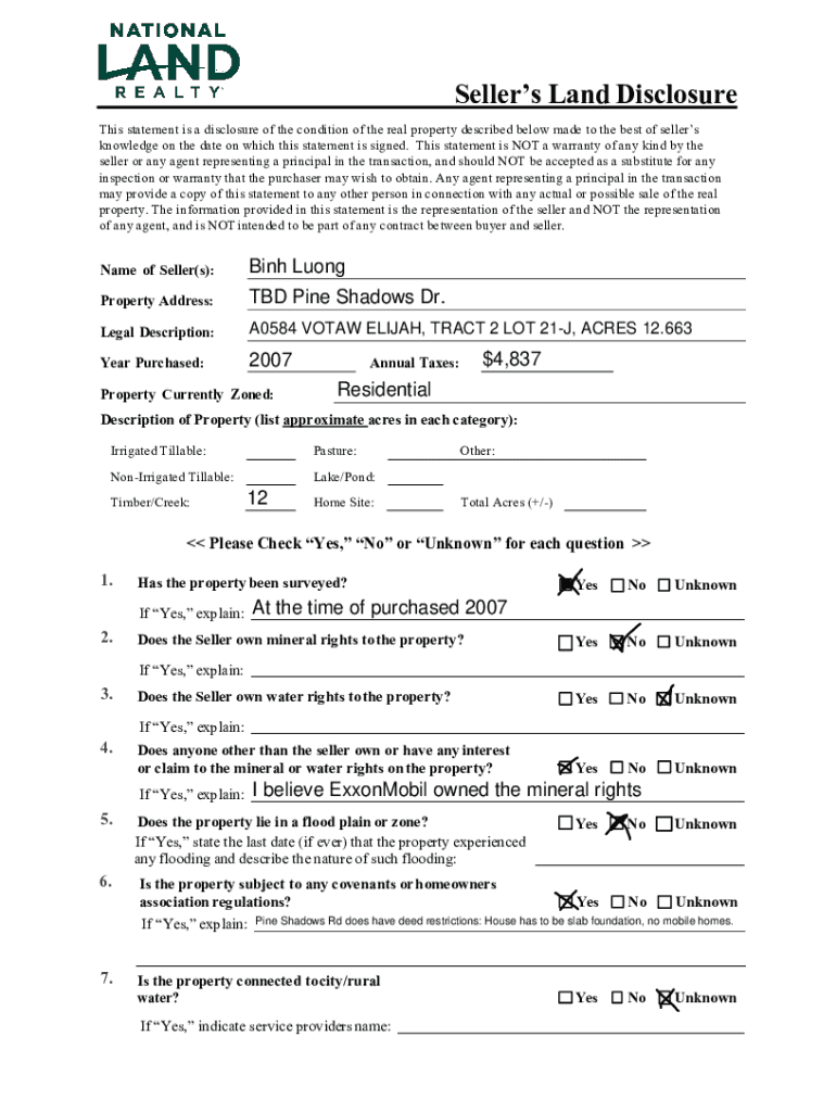 Fillable Online SELLER'S PROPERTY CONDITION DISCLOSURE (LAND) Fax Email ...