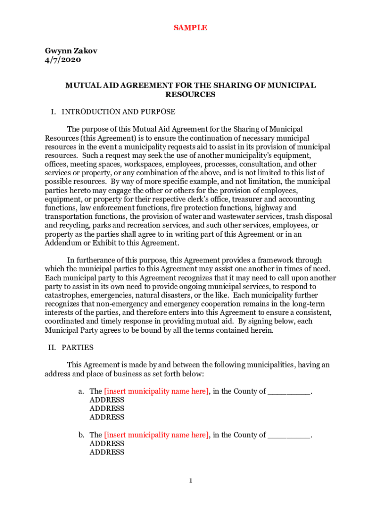 Fillable Online SAMPLE 1 Gwynn Zakov 4/7/2020 MUTUAL AID AGREEMENT FOR ...