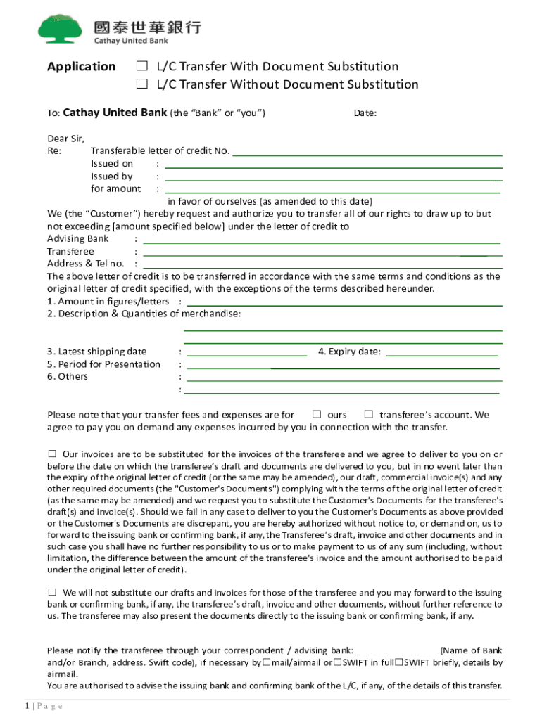 Fillable Online Application L/C Transfer With Document Substitution L/C ...