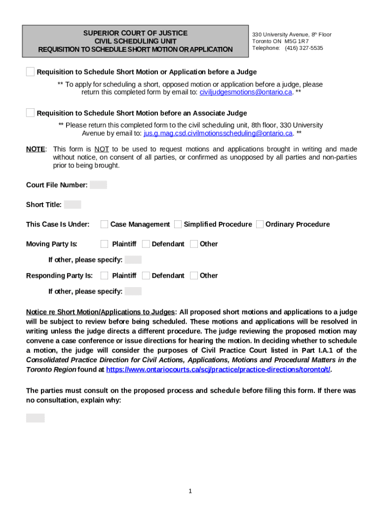Requesition to Schedule Short Motion or Application. Toronto Civil List ...