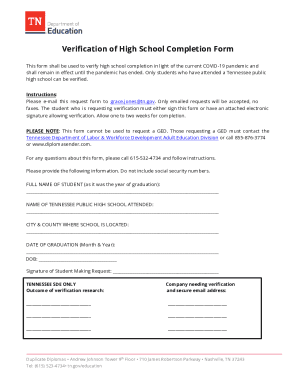Fillable Online www.tn.govcontentdamVerification of High School ...